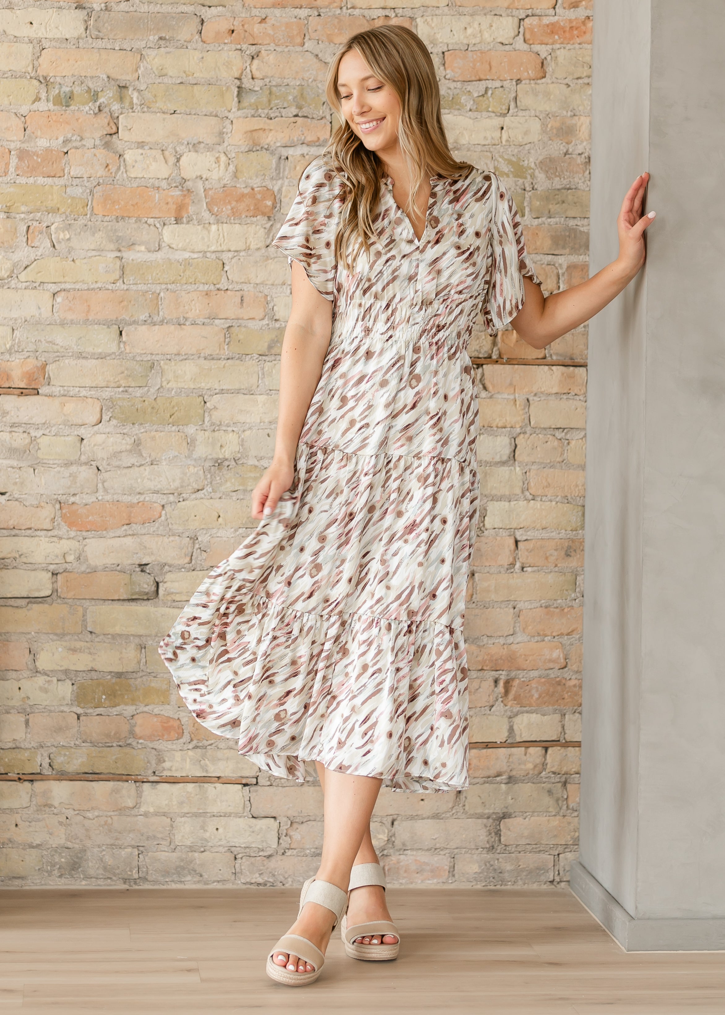 SteinMart.com | Gina Pink Abstract Short Sleeve Midi Dress - Final Sale ...